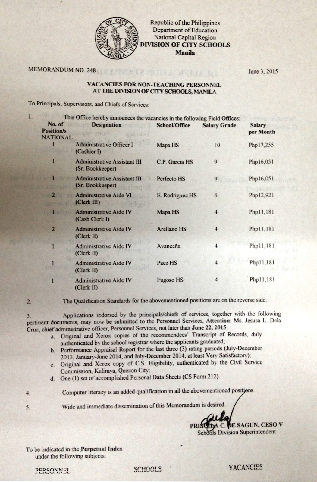 Department of Education Manila: Division Memorandum No. 248 - VACANCIES ... Department of Education Manila: Division Memorandum No. 248 - VACANCIES ...
