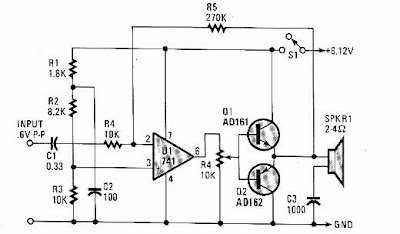 Circuitos para musica: Circuito amplificador con 741 BD135 y BD137