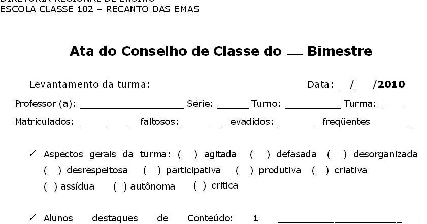 Modelo de ata para Conselho de Classe ~ Atividade para imprimir Modelo de ata para Conselho de Classe ~ Atividade para imprimir