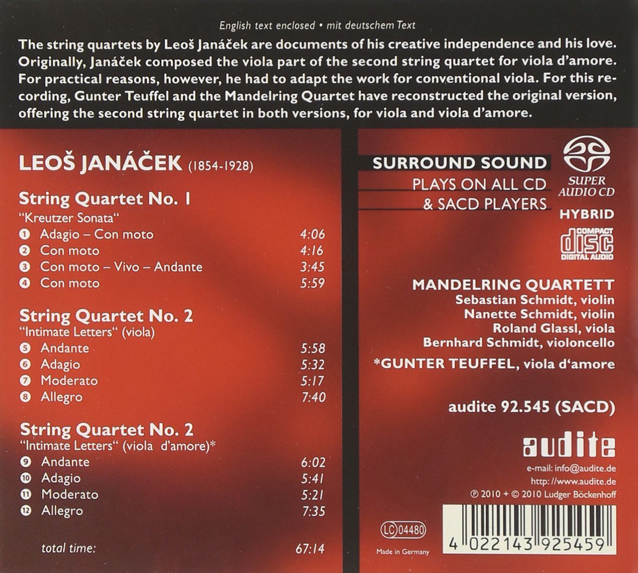 The Silent String Quartet: Leos Janacek String Quartet with Viola d'amore The Silent String Quartet: Leos Janacek String Quartet with Viola d'amore
