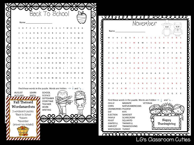 Fern's Freebie Friday ~ Back to School Fall Themed Word Searches | Fern ...