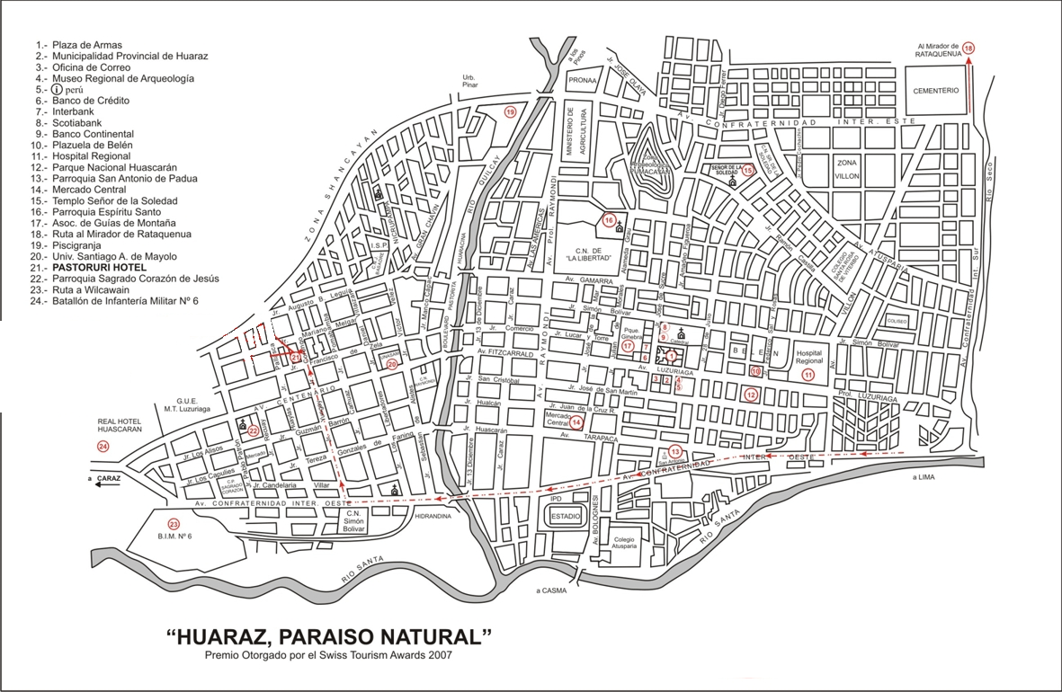 Mapa plano de HUARAZ. Calles, plaza y hoteles ~ Es mi Perú