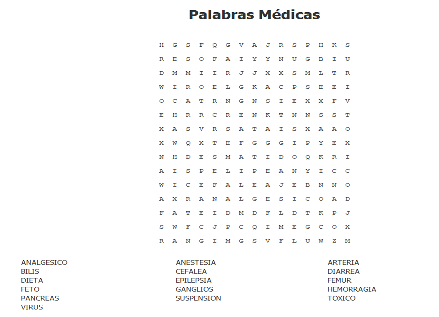 Datos medicos curiosos: Sopa de letras "Palabras médicas"