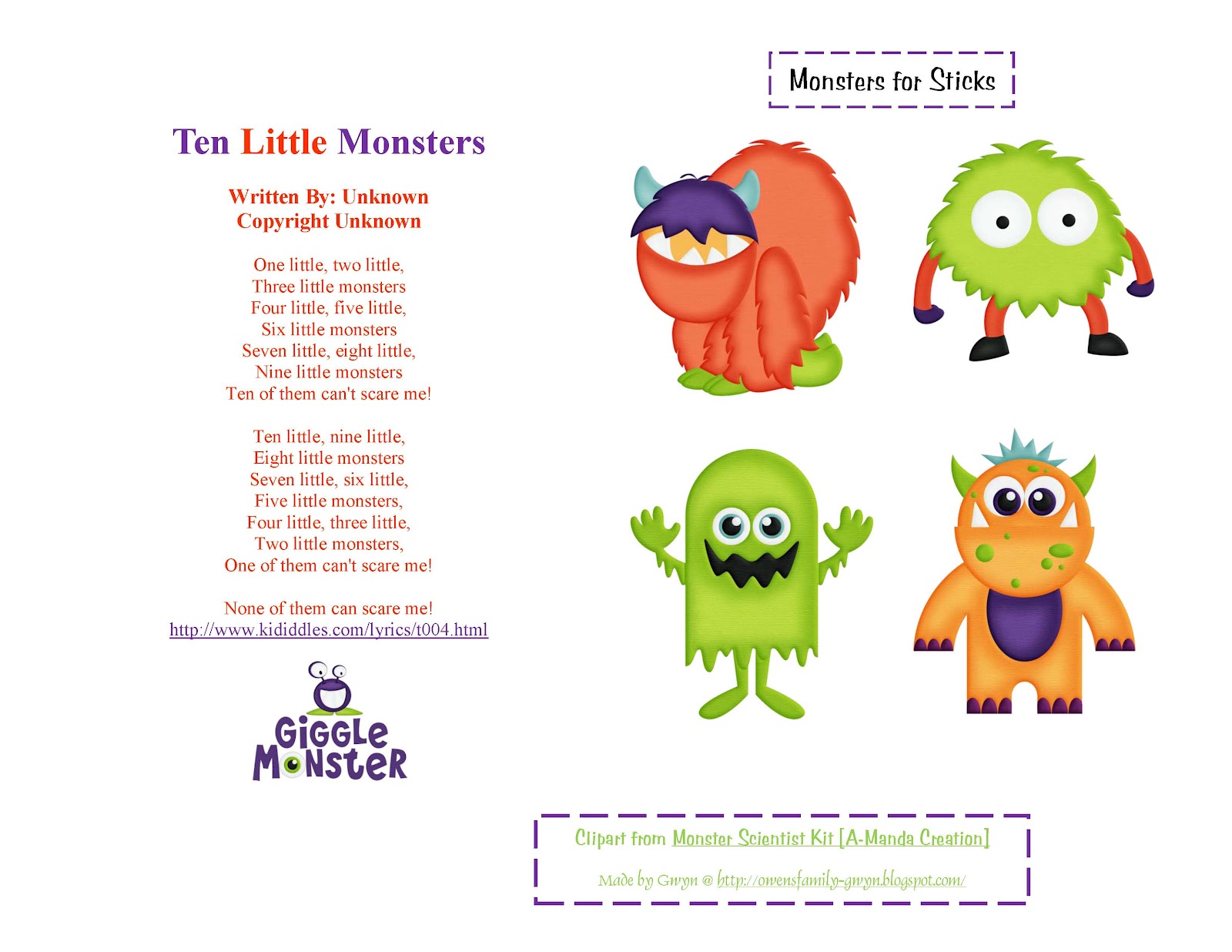 Preschool Printables: Free Little Monster Sticks | Preschool printables ...