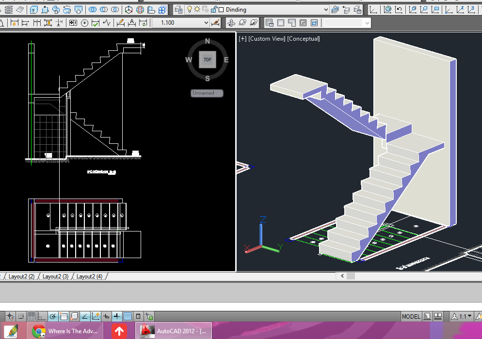 AUTO CAD GAMBAR TANGGA BETON 2D+3D (DWG FILE) | SANGGAR TEKNIK