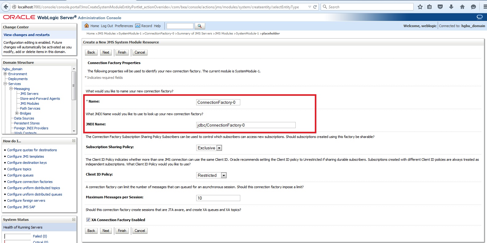 Configuring JMS Server, JMS Module, JMS Connection Factory and JMS Queue in Weblogic