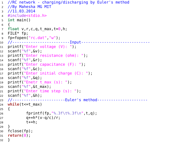 Computational Physics: C code - RC Charging/discharging by Euler's method