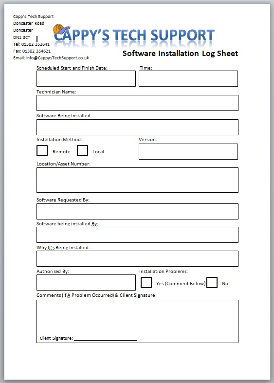 James IT System Support: Software Installation Log Sheet