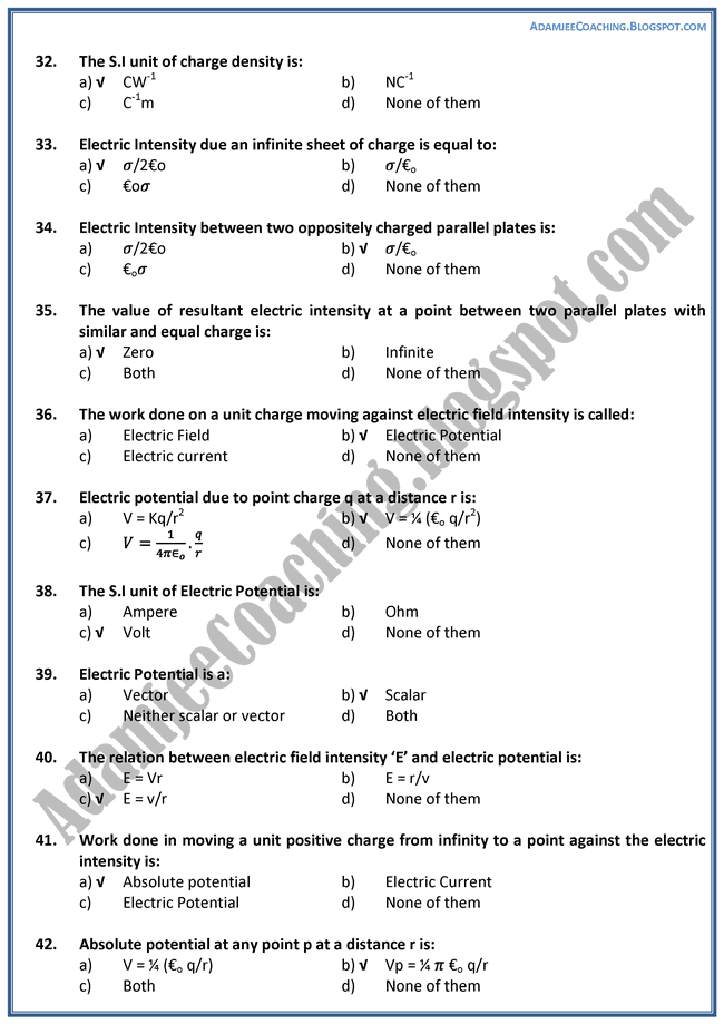 Adamjee Coaching: XII Physics MCQS - Electrostatics Adamjee Coaching: XII Physics MCQS - Electrostatics