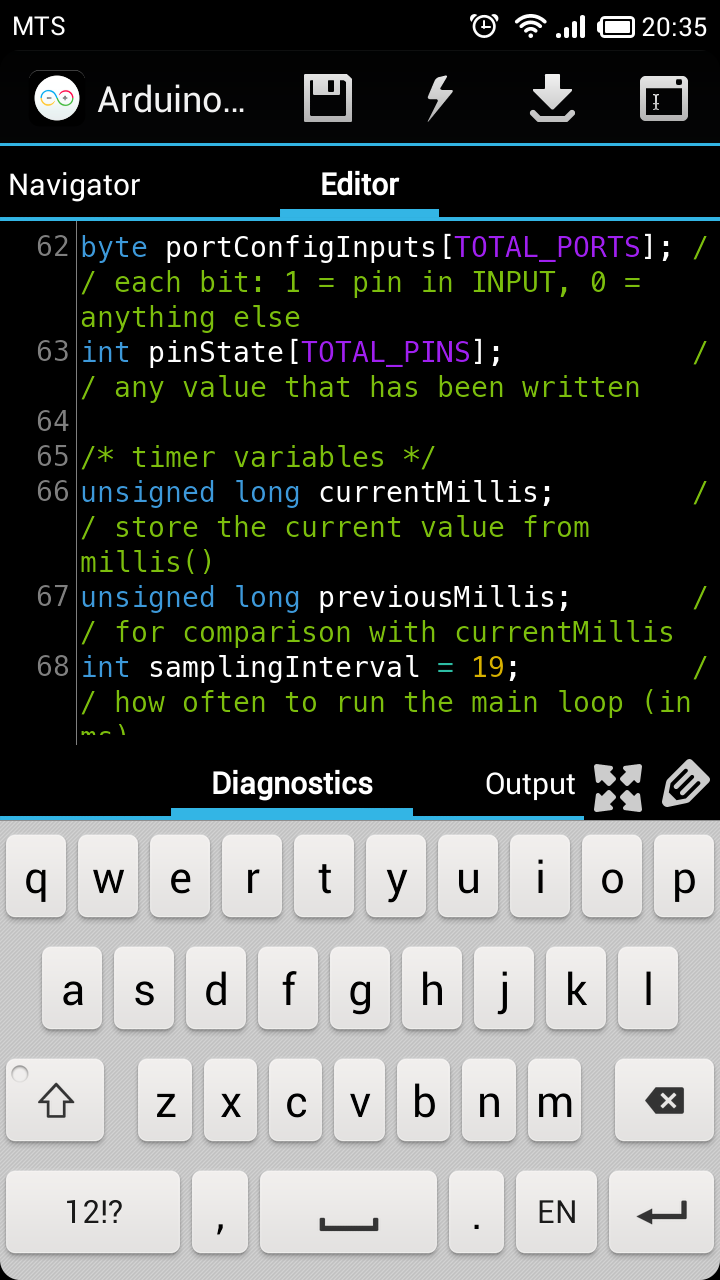 ArduinoDroid - Arduino/ESP8266/ESP32 IDE for Android: Tiny built-in keyboard