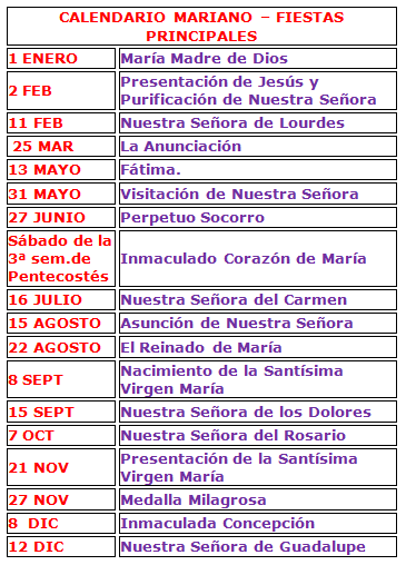Amigos del Santo Rosario: Calendario Mariano