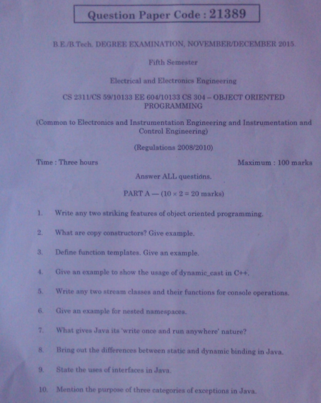 CS2311 Object Oriented Programming Nov Dec 2015 Question Paper - University Question Papers