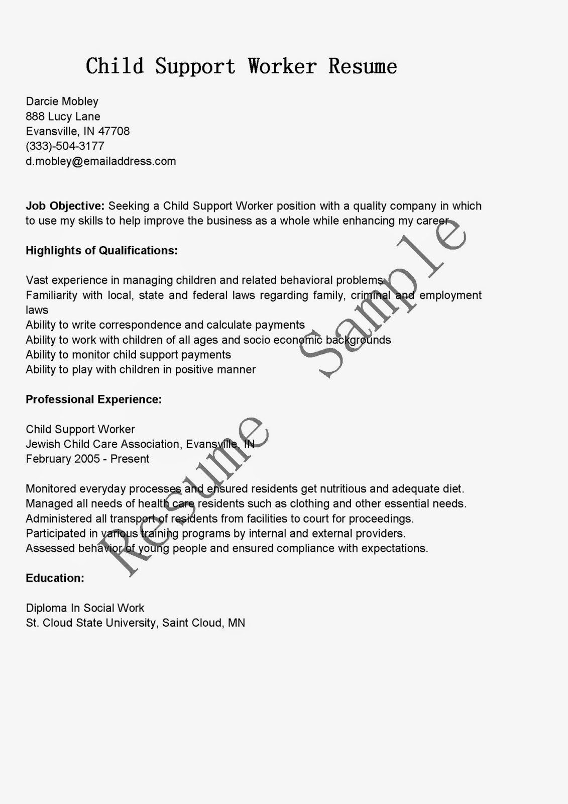 Resume Samples: Child Support Worker Resume Sample