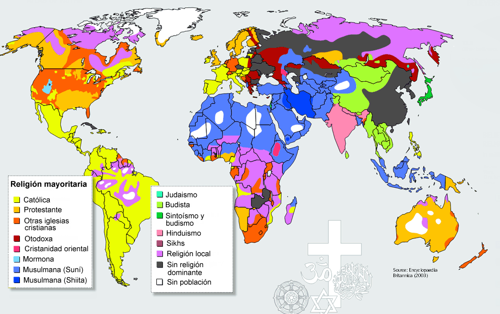 Mapa con la distribución de las religiones mayoritarias en todo el ...