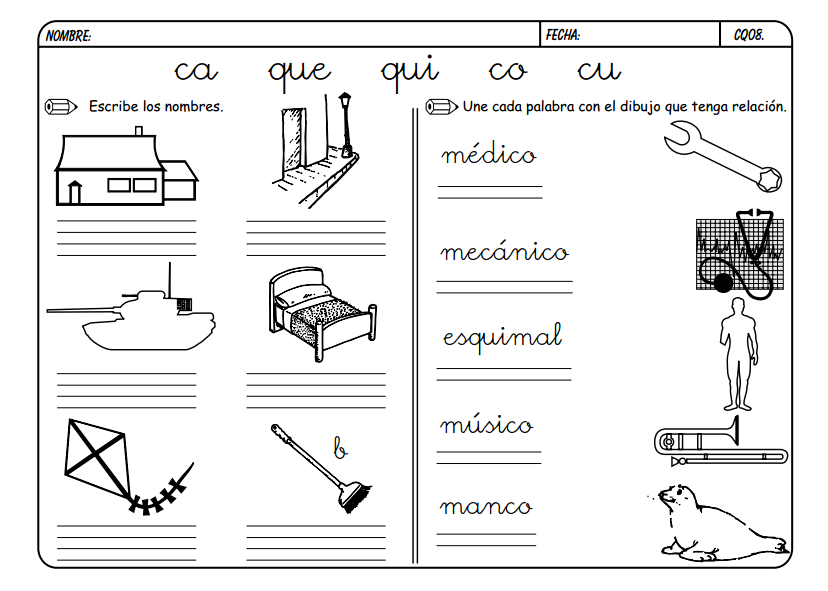 Maestra de Primaria Fichas para trabajar CA, QUE, QUI, CO, CU.