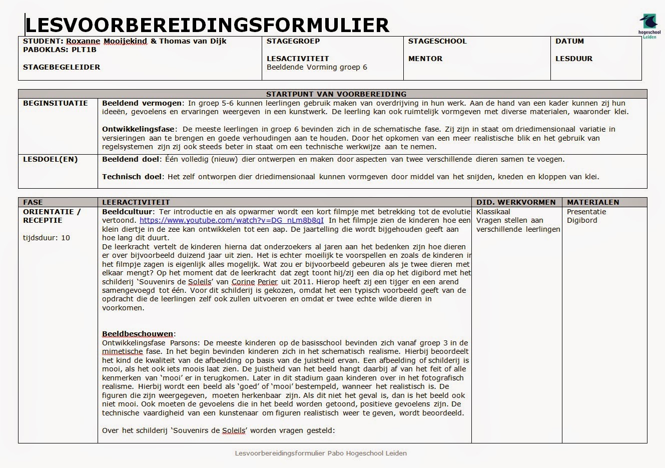 Beeldende Vorming op de PABO door Tom van Dijk: Eindopdracht: Uitgewerkt Lesplan