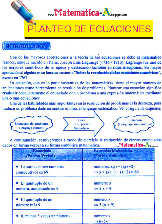 PLANTEO DE ECUACIONES CONCEPTOS Y EJEMPLOS CON RESOLUCIÓN ~ MATEMATICAS PROBLEMAS RESUELTOS