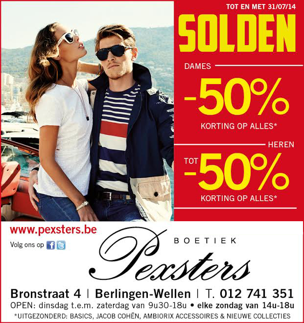 Boetiek Pexsters: SOLDEN: Dames -50% korting & Heren tot -50*% korting