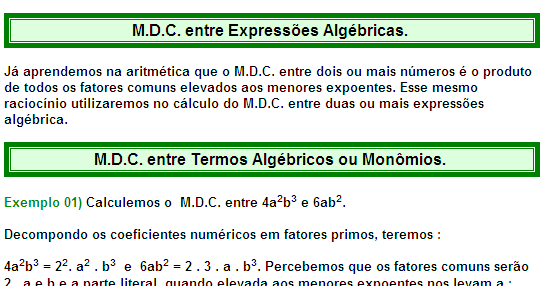 MDC E MMC ENTRE EXPRESSÕES ALGEBRICAS