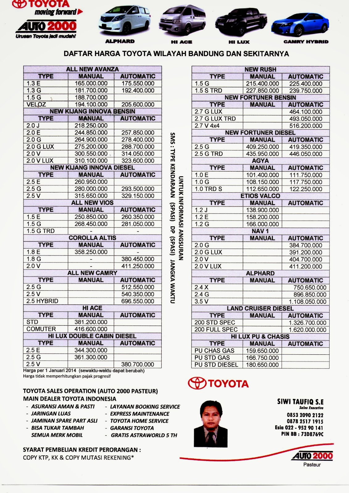 SALES OPERATION TOYOTA AUTO 2000 PASTEUR BANDUNG: DAFTAR HARGA TOYOTA 2014