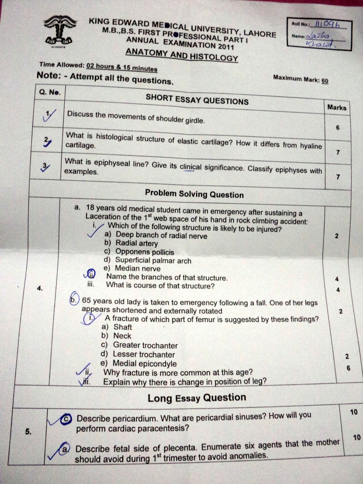 Anatomy Professional Exam Part1 2011 | Anatomy | Mbbs 1st year Anatomy Professional Exam Part1 2011 | Anatomy | Mbbs 1st year