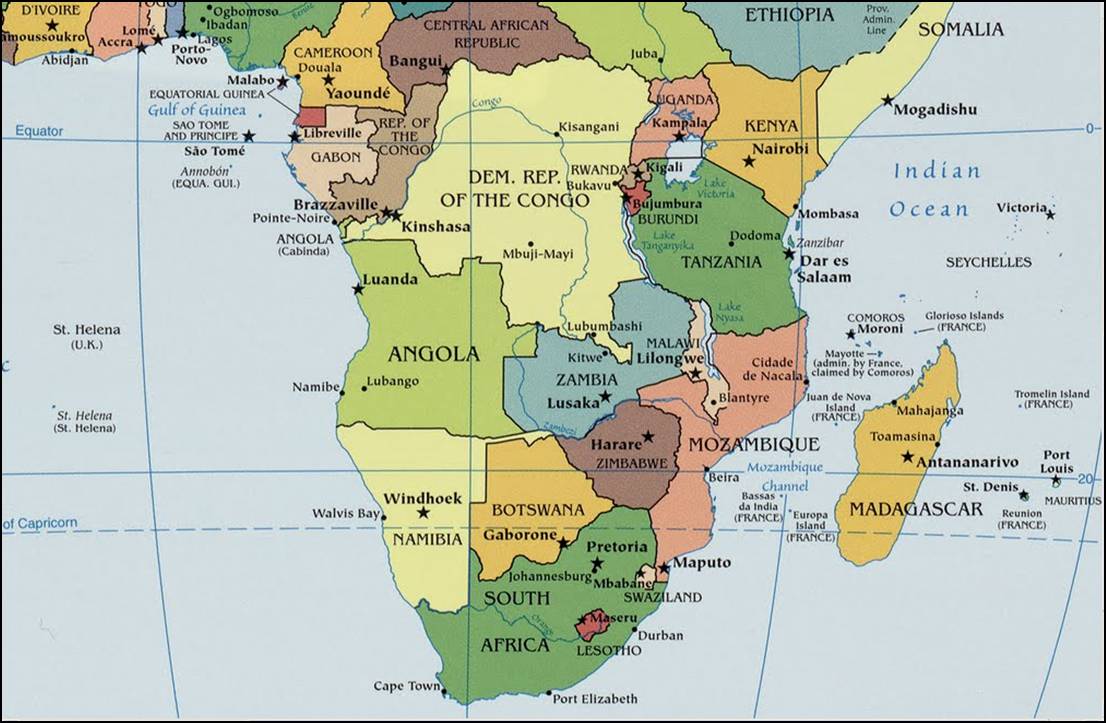 Kaart Zuiden Afrika Landen Topografie: Kaart landen zuidelijk Afrika