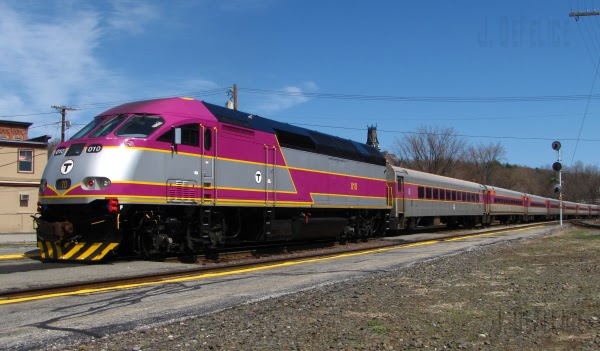 New England Depot: MBTA #010 Pushes Out of Ayer MA Toward Boston 4/14/11