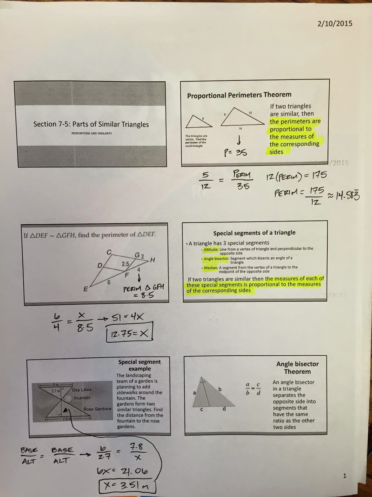 Honors Geometry - Vintage High School: Section 7-5: Parts of Similar ...