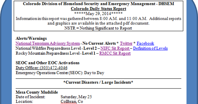 Colorado Emergency Management: Colorado Daily Status Report May 29