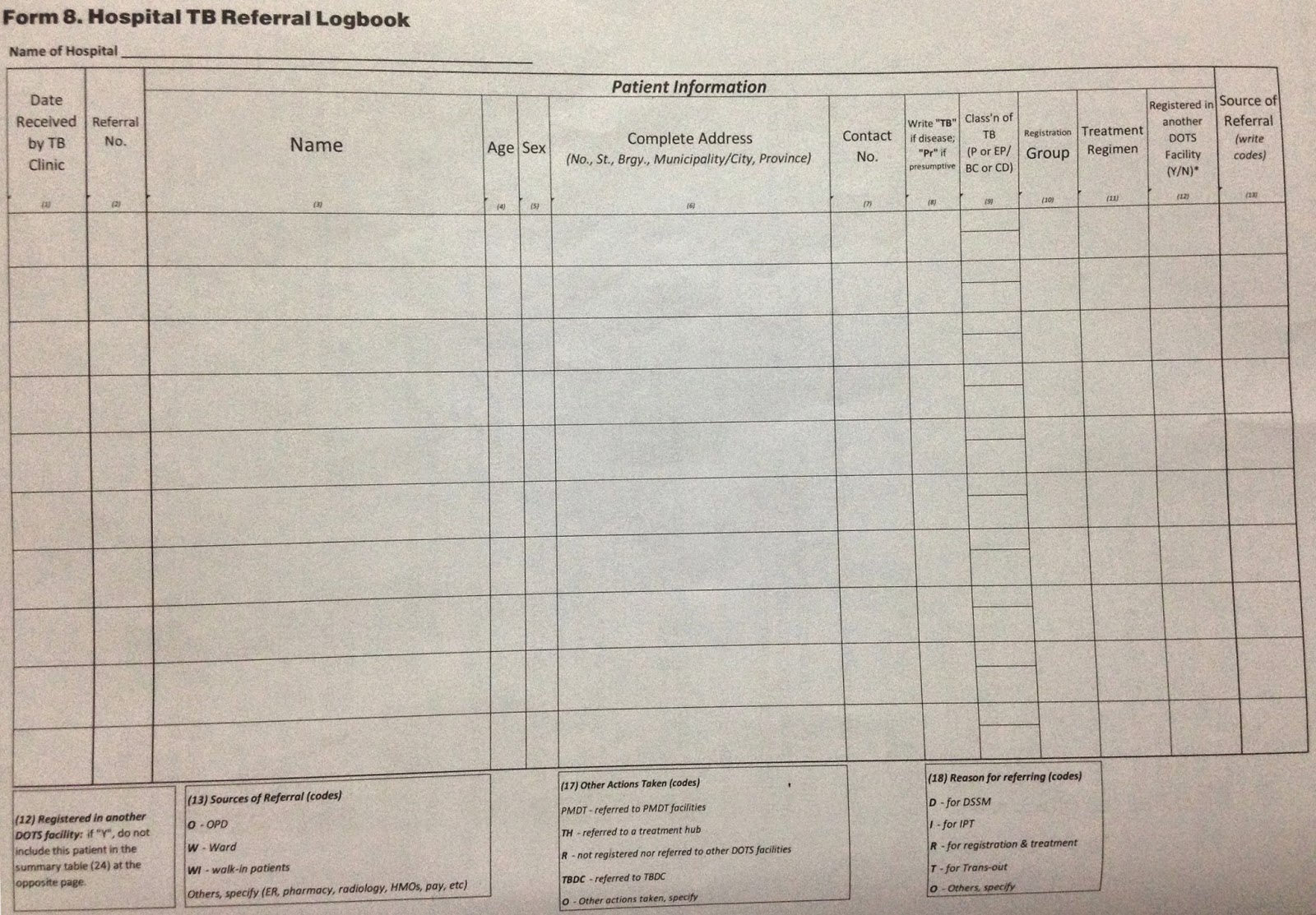 Public Health Resources: Form 8: Hospital TB Referral Logbook | NTP DOH
