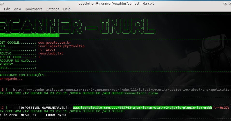 Usando SCANNER INURL para encontrar falhas / Mybb Ajaxfs Plugin Sql Injection vulnerability ...