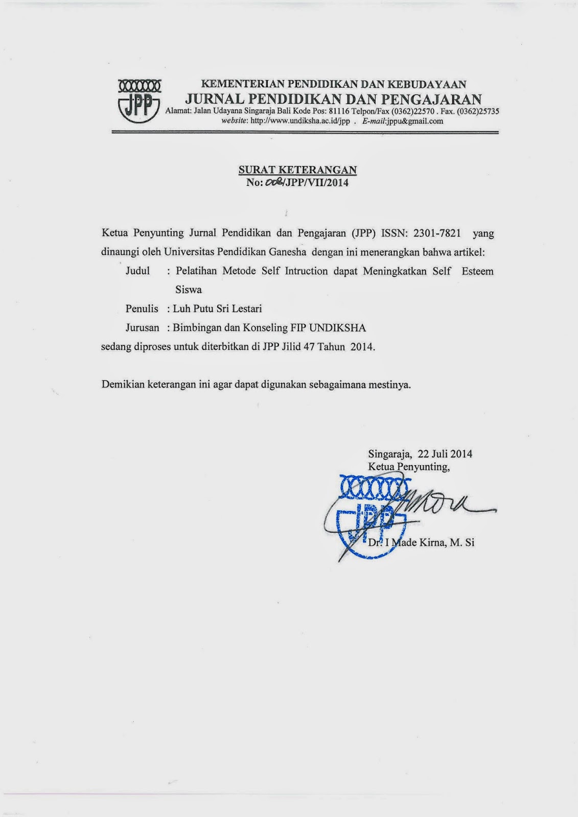 MahesaKu: SURAT KETERANGAN KETUA PENYUNTING JPP