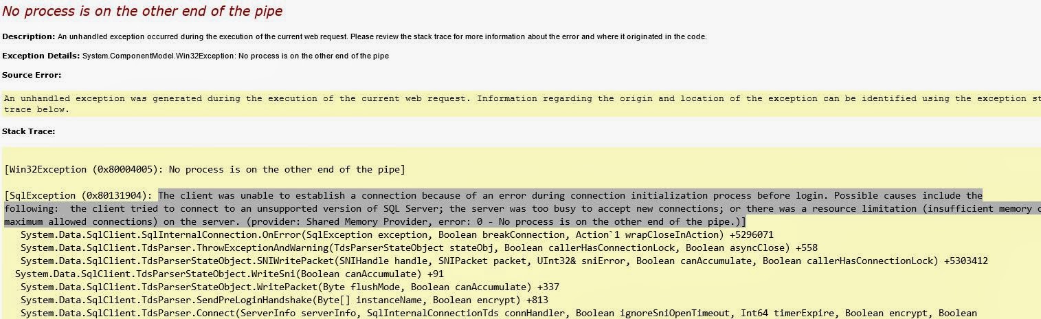 Shared Memory Provider, error: 0 - No process is on the other end of the pipe
