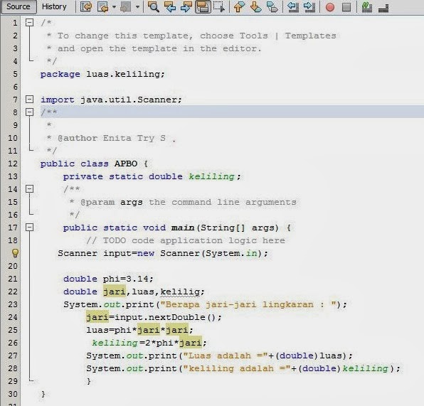 Enita Try Saadyah: PROGRAM MENGHITUNG LUAS DAN KELILING LINGKARAN MENGGUNAKAN JAVA