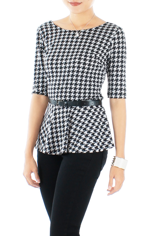 Houndstooth Peplum Blouse with Sleeves - Fashionistas