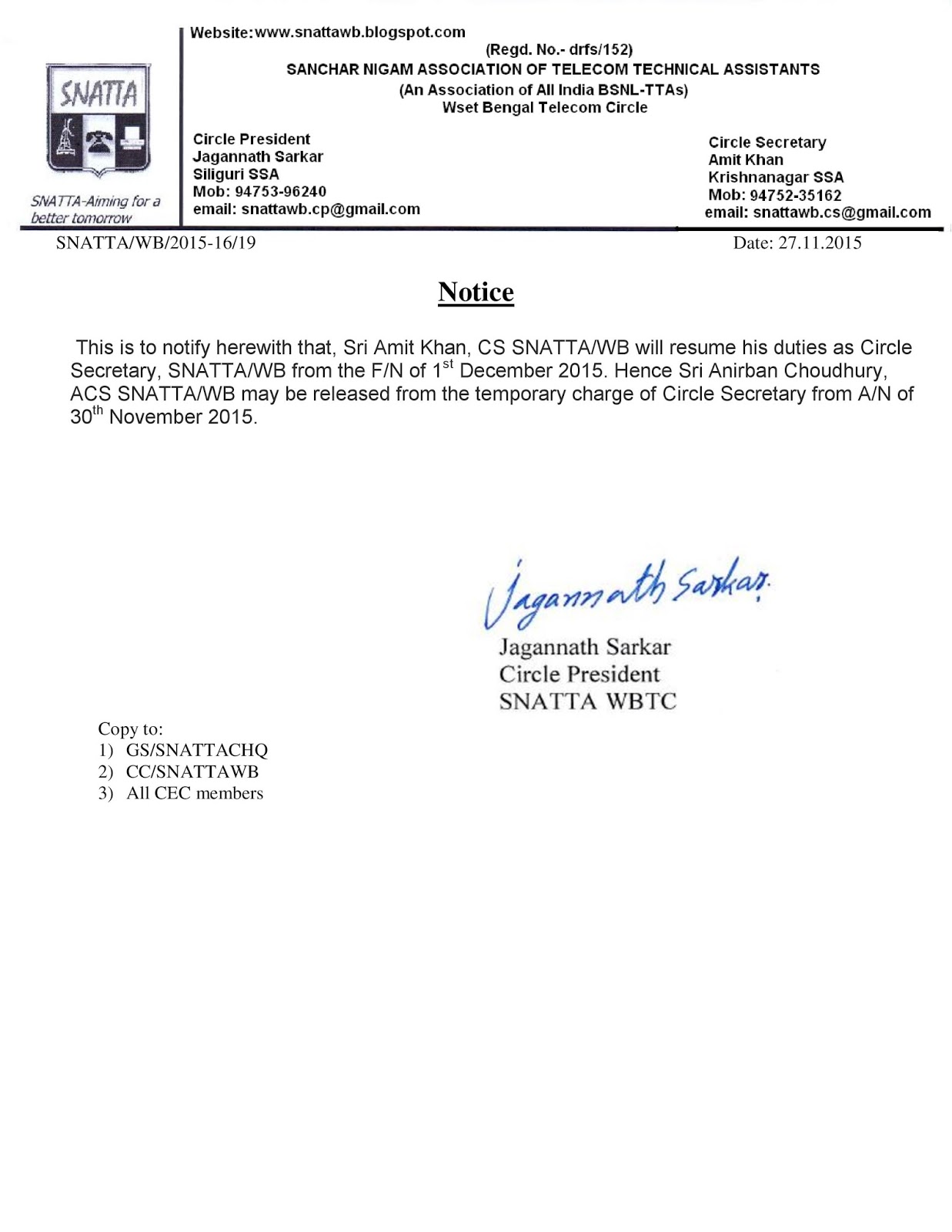 SNATTA WEST BENGAL CIRCLE Notice For Charge Handover Of Circle snatta-west-bengal-circle-notice-for-charge-handover-of-circle