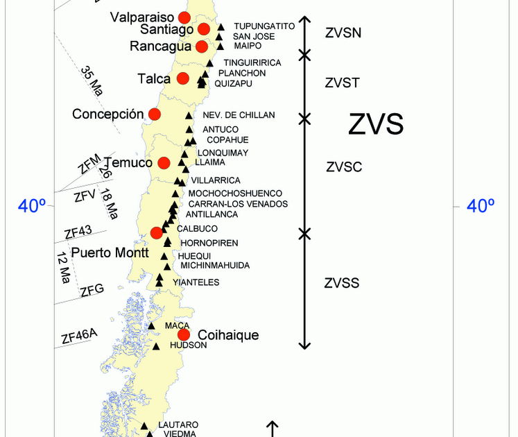 VOLCANES Y SISMOS: mapa de los principales volcanes en chile