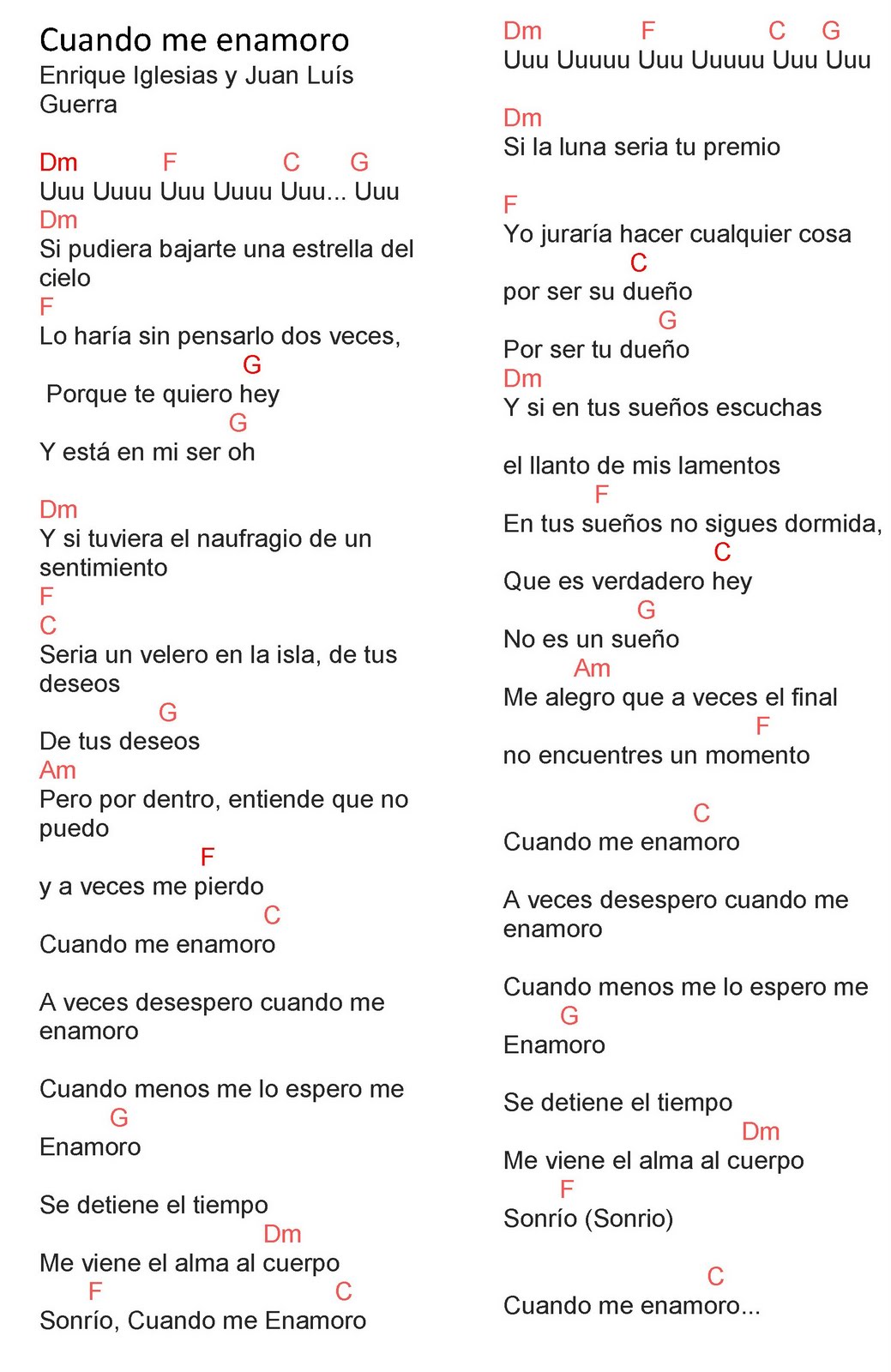 Práctica Musical Significativa: texto y acordes de Cuando me Enamoro ...