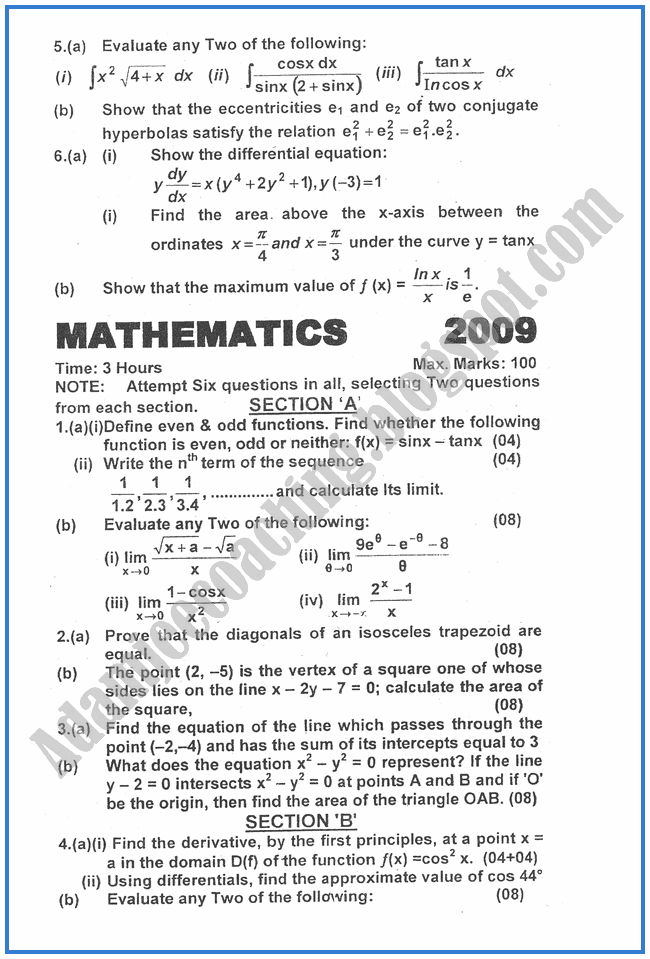 Adamjee Coaching: Mathematics 2010 - Past Year Paper - Class XII