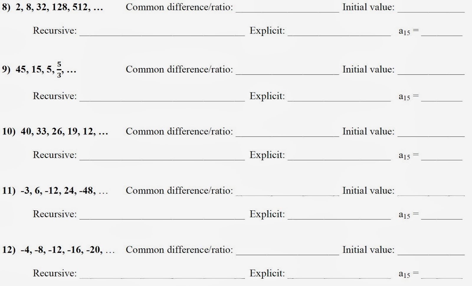 Mr. Matt's Math Classes: Assignments - Recursive and Explicit Functions