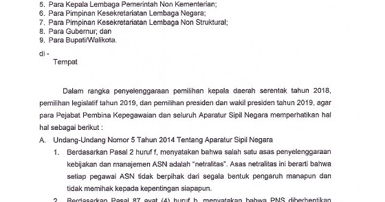 Surat Menteri PANRB: PNS Harus Menjaga Netralitas Dalam Pilkada Serentak 2018, Pileg dan Pilpres ...