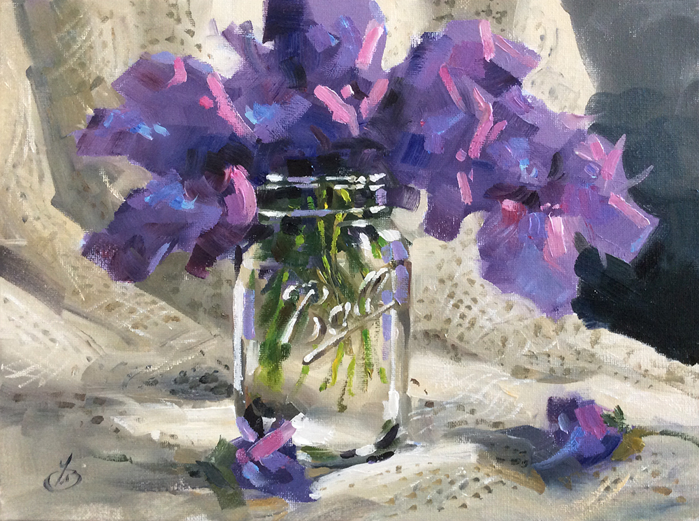 TOM BROWN FINE ART: FLORAL STILL LIFE WITH BALL JAR and LACE by TOM BROWN
