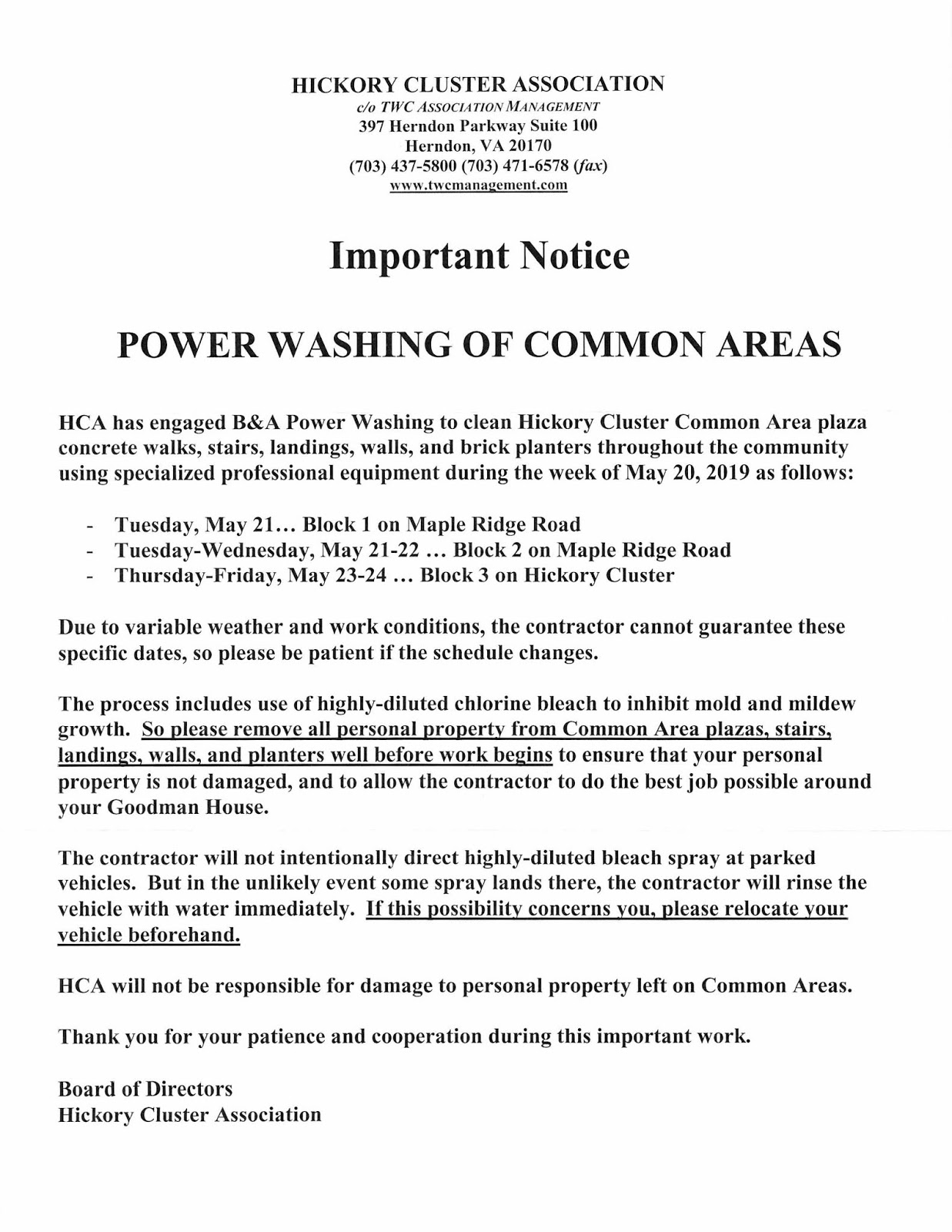 hickory cluster: HCA COMMON AREA POWER WASH @ MAY 21-24