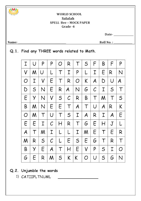 Birla World School Oman: Spell Bee - Word bank and Mock Paper - Grade 4