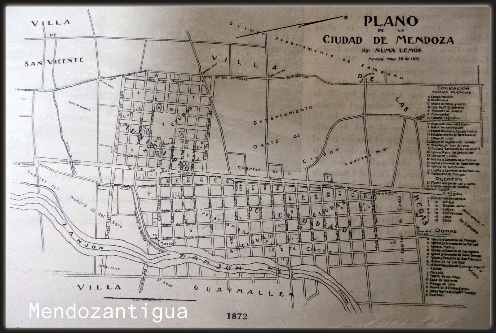 Plano de la Ciudad de Mendoza, por Numa Lemos 20 de Mayo de 1872 ...