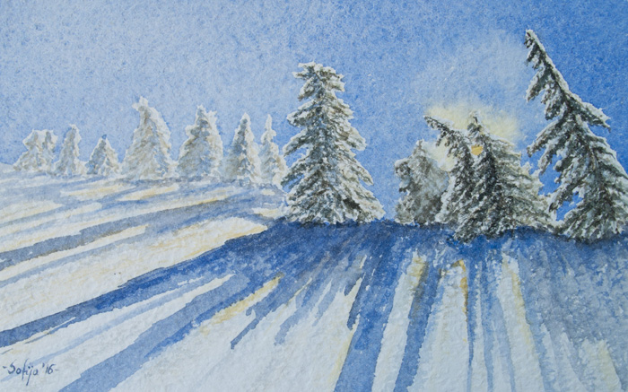 Akvarelės mokykla: žiemos peizažas