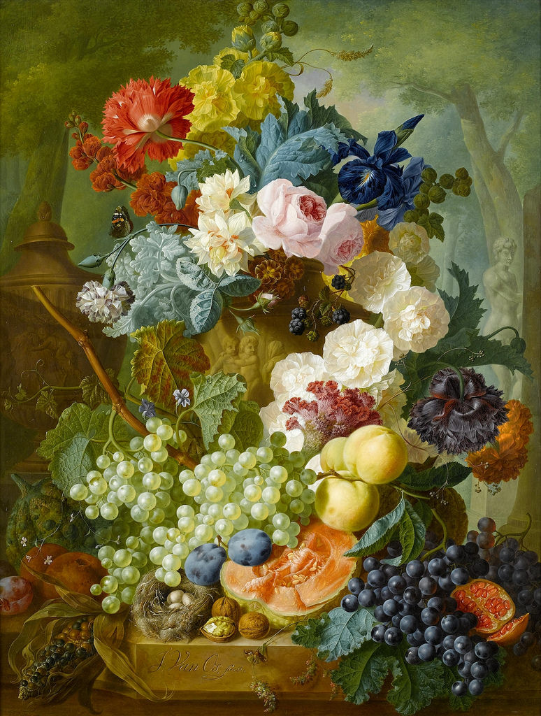Ars longa: Jan van Os - Flowers and fruit on a stone ledge in a park ...
