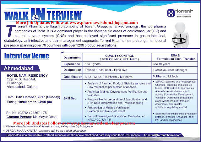 TORRENT PHARMA - Walk-In Interviews on 15th October, 2017 @ Ahmedabad ...