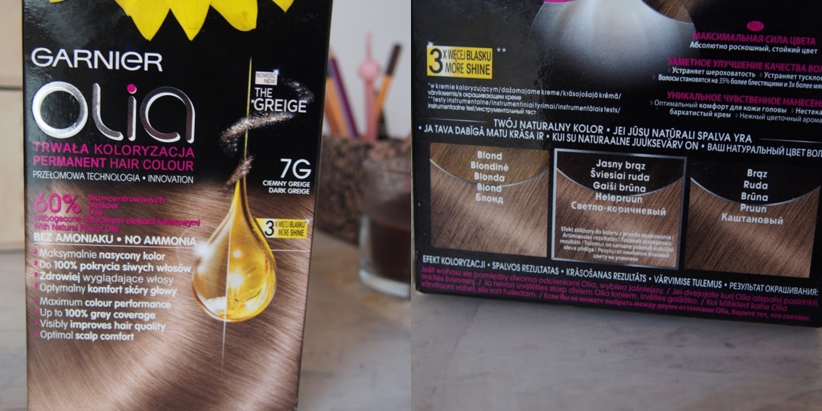 Przyciemnianie włosów farbą Garnier Olia 7G Dark Greige