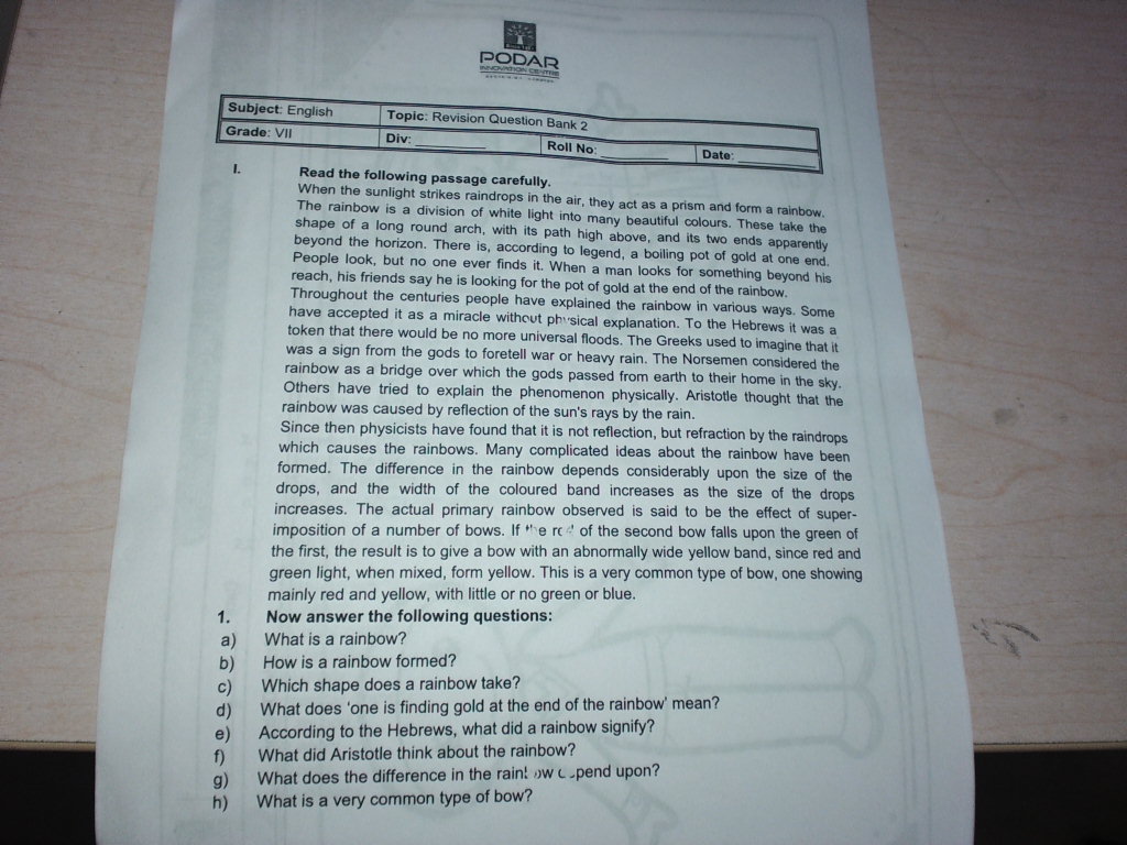 English Revision question bank and Practice sheet
